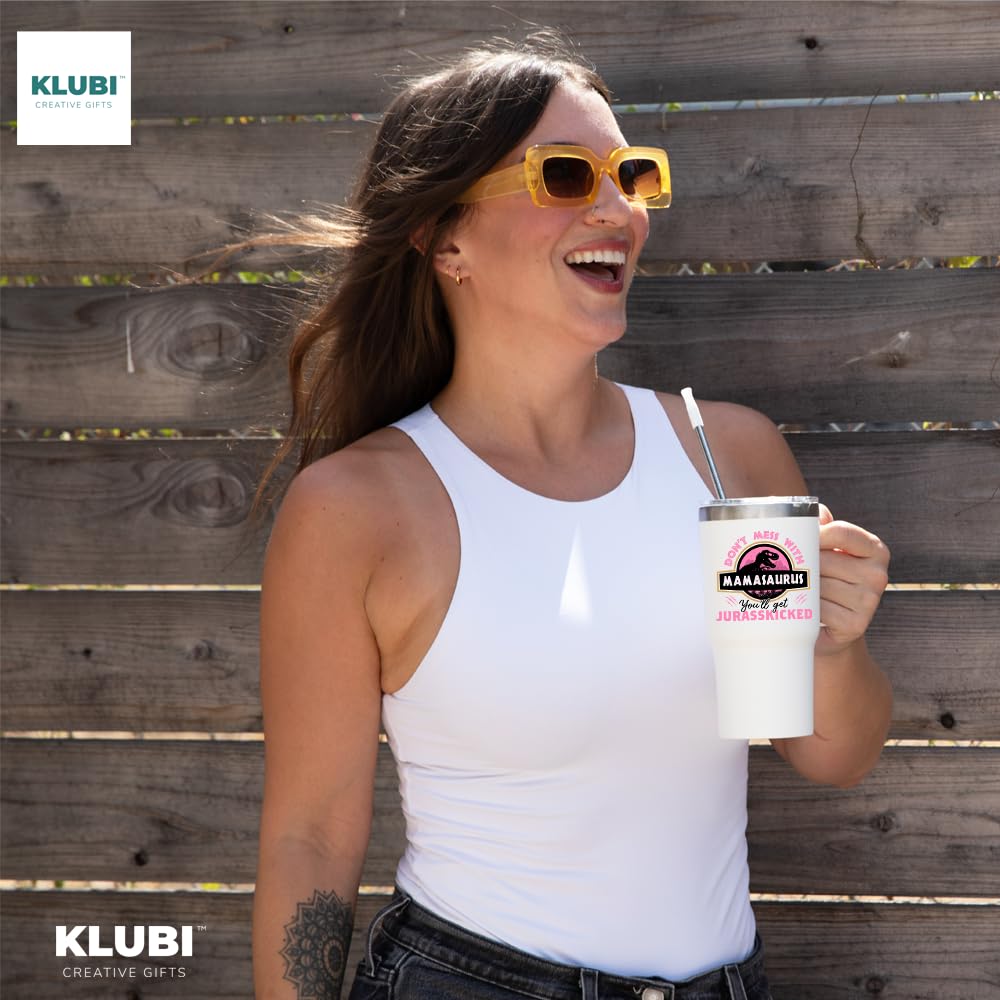 KLUBI Mother Gifts for Mom - Mamasaurus Cup 20 Ounce Mom Cups With Lid and Straw Postpartum Gifts for Mom Cups Tumbler Gifts for Mom Birthday Gifts for Mom Birthday Present for Mom Tumbler Cup