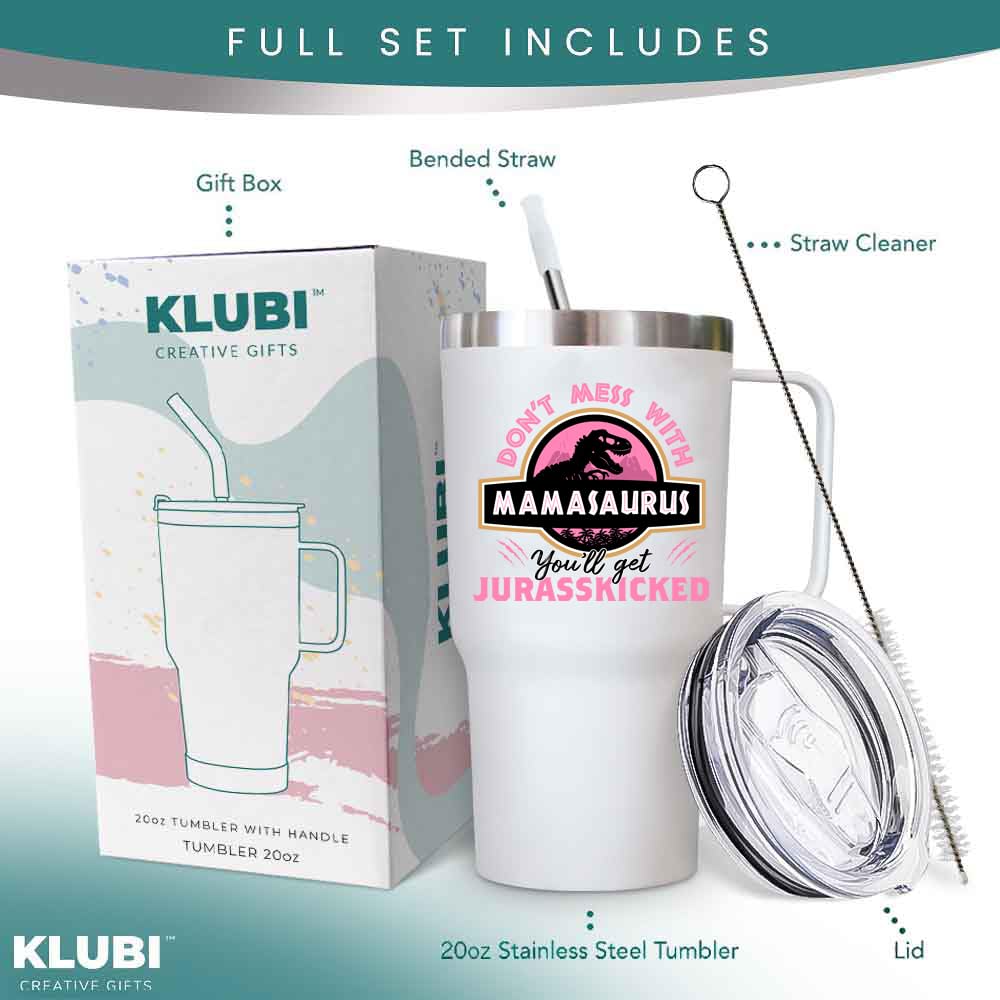 KLUBI Mother Gifts for Mom - Mamasaurus Cup 20 Ounce Mom Cups With Lid and Straw Postpartum Gifts for Mom Cups Tumbler Gifts for Mom Birthday Gifts for Mom Birthday Present for Mom Tumbler Cup