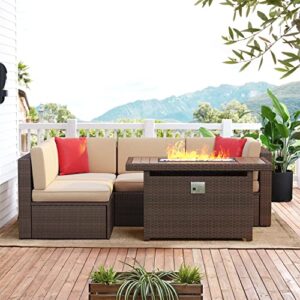 aoxun 5 pcs patio furniture set with 40" fire pit table outdoor sectional sofa set wicker furniture set for children, girls and people in small size, brown