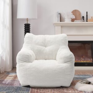 hison bean bag chairs for adults and kid teddy fabric fluffy and lazy sofa filled with memory sponge beanbag sofa with armrests for living room,bedroom(white)