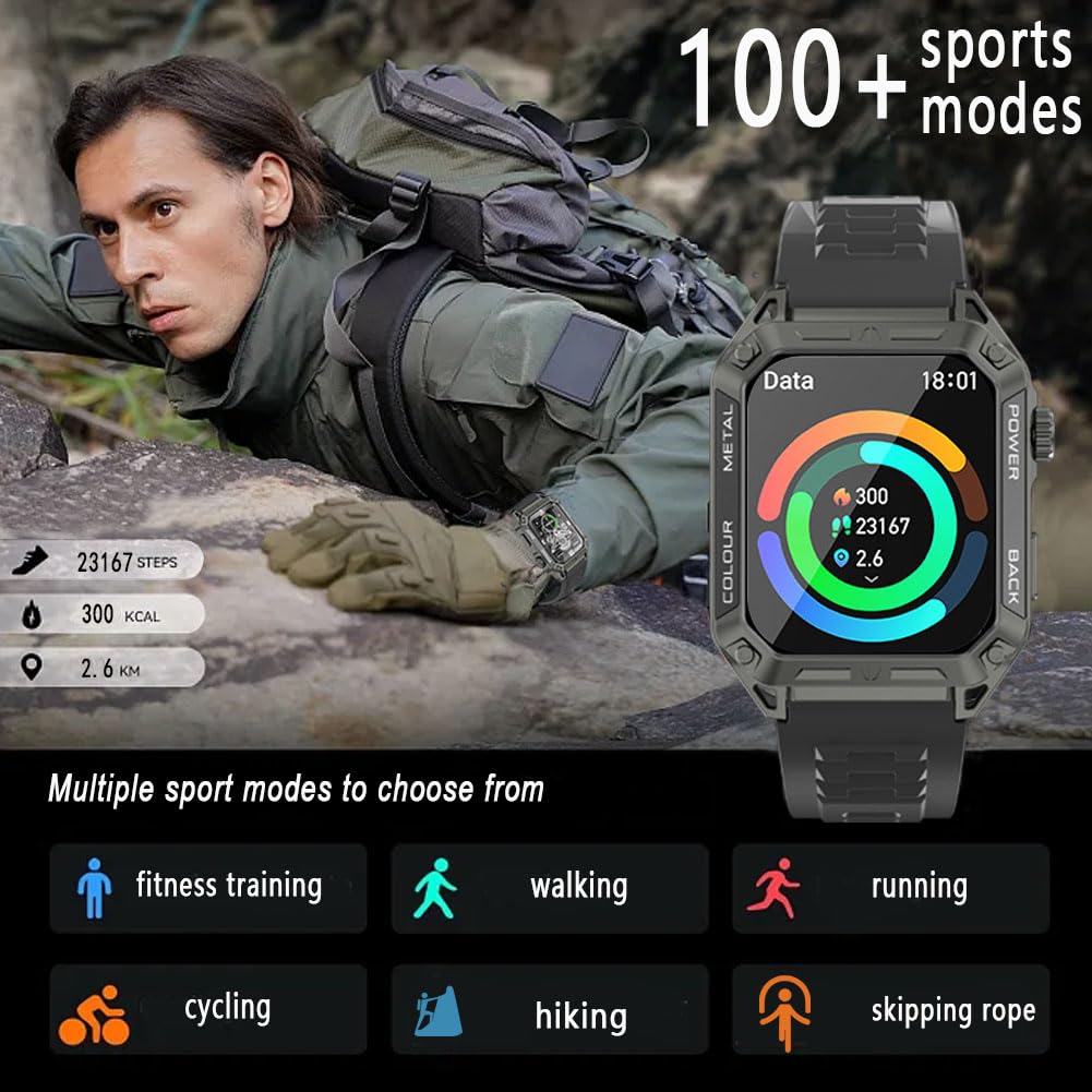 FILIEKEU Military Smart Watch Men 1.91”HD Big Screen Rugged Bluetooth Call Outdoor Waterproof Smart Watch Man Tactical Sports Fitness Tracker Black Stainless Steel Smartwatches for Android iOS