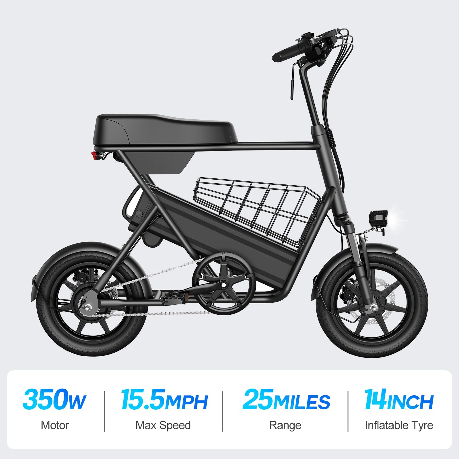 RIDWIND 14" Electric Bike for Adults with Long Seat and Basket, 350W City Commuting Ebike 36V/10Ah Men Electric Bicycles Up to 25 Miles, 15.5MPH, Double Disc Brake, LCD Display, Moped E Bicycle