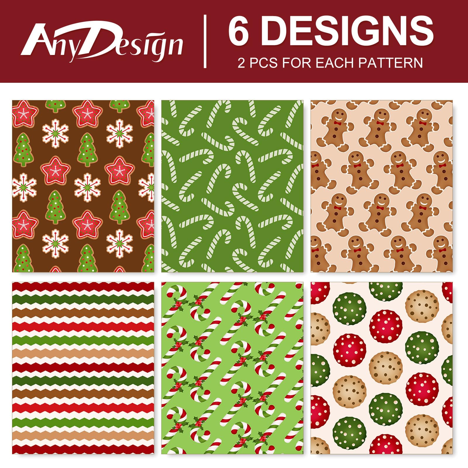 AnyDesign 12 Sheets Christmas Wrapping Paper Gingerbread Man Candy Canes Snowflake Gift Wrap Paper Bulk Xmas Folded Flat DIY Art Craft Paper for Birthday Holiday Party, 19.7 x 27.6 Inch