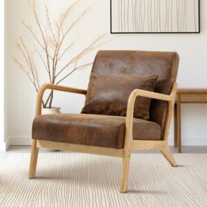 dolonm modern accent chair with wood frame, crazy horse pu leather chair with waist cushion, armchair for living room, bedroom, game room, home office or lounge, brown pu