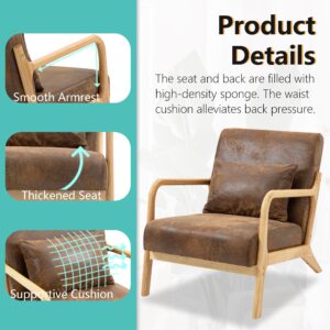 Dolonm Modern Accent Chair with Wood Frame, Crazy Horse PU Leather Chair with Waist Cushion, Armchair for Living Room, Bedroom, Game Room, Home Office or Lounge, Brown PU