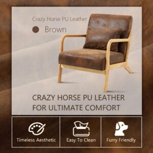 Dolonm Modern Accent Chair with Wood Frame, Crazy Horse PU Leather Chair with Waist Cushion, Armchair for Living Room, Bedroom, Game Room, Home Office or Lounge, Brown PU