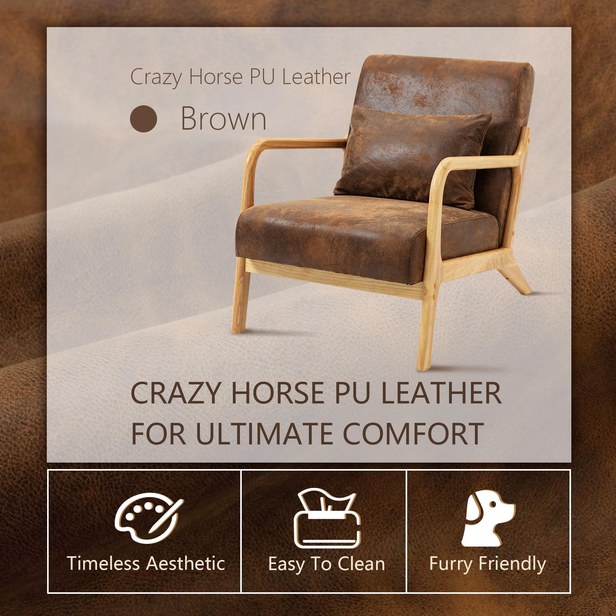 Dolonm Modern Accent Chair with Wood Frame, Crazy Horse PU Leather Chair with Waist Cushion, Armchair for Living Room, Bedroom, Game Room, Home Office or Lounge, Brown PU