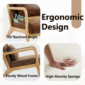 Dolonm Modern Accent Chair with Wood Frame, Crazy Horse PU Leather Chair with Waist Cushion, Armchair for Living Room, Bedroom, Game Room, Home Office or Lounge, Brown PU