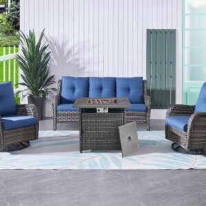 HUMMUH Patio Furniture with Fire Pit 4 Pieces Wicker Outdoor Sectional Couch with Patio Swivel Rocking Chairs,Propane Fire Pit Conversation Set for Patio Garden,Backyard,Deck