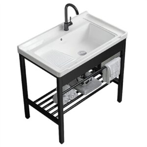 laundry sink with washboard，pedestal sinks with stainless steel bracket ceramic basin，freestanding utility laundry tub/washbasin for bathrooms garage basement hotel restaurant room ( size : 60*48cm )