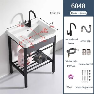 Laundry Sink with Washboard，Pedestal Sinks with Stainless Steel Bracket Ceramic Basin，Freestanding Utility Laundry Tub/Washbasin for Bathrooms Garage Basement Hotel Restaurant Room ( Size : 60*48cm )