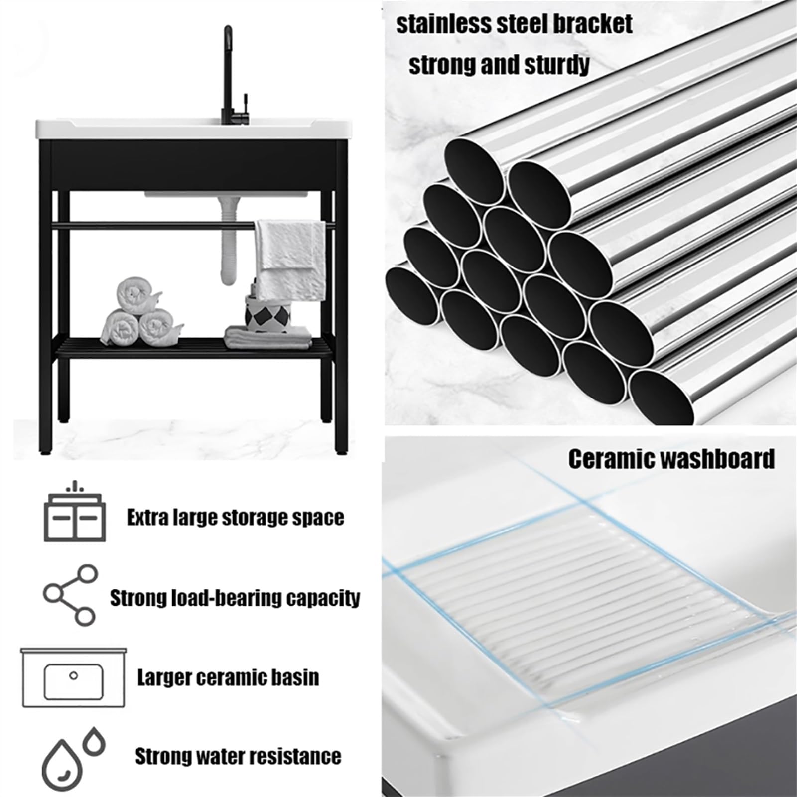 Laundry Sink with Washboard，Pedestal Sinks with Stainless Steel Bracket Ceramic Basin，Freestanding Utility Laundry Tub/Washbasin for Bathrooms Garage Basement Hotel Restaurant Room ( Size : 60*48cm )