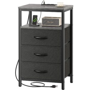 huuger nightstand with charging station, 27.6 inch side table with fabric drawers, end table bedside table with usb ports and outlets, night stand for bedroom, charcoal gray