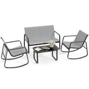 yitahome 4 piece patio furniture set, small backyard bistro rocking chairs, loveseat and glass table, textilene outdoor conversation set for lawn, garden, balcony, poolside (grey)