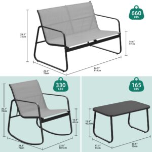 YITAHOME 4 Piece Patio Furniture Set, Small Backyard Bistro Rocking Chairs, Loveseat and Glass Table, Textilene Outdoor Conversation Set for Lawn, Garden, Balcony, Poolside (Grey)