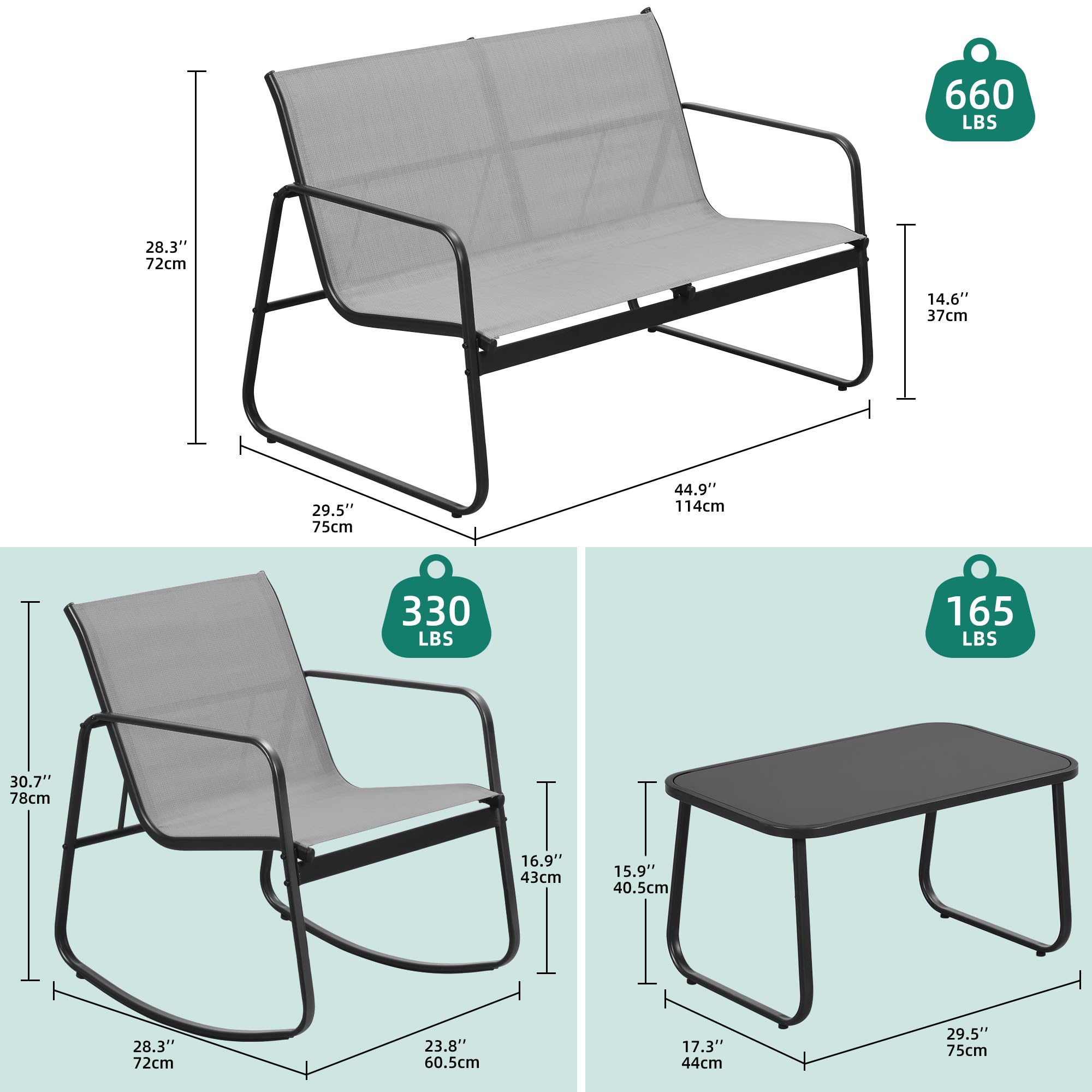 YITAHOME 4 Piece Patio Furniture Set, Small Backyard Bistro Rocking Chairs, Loveseat and Glass Table, Textilene Outdoor Conversation Set for Lawn, Garden, Balcony, Poolside (Grey)