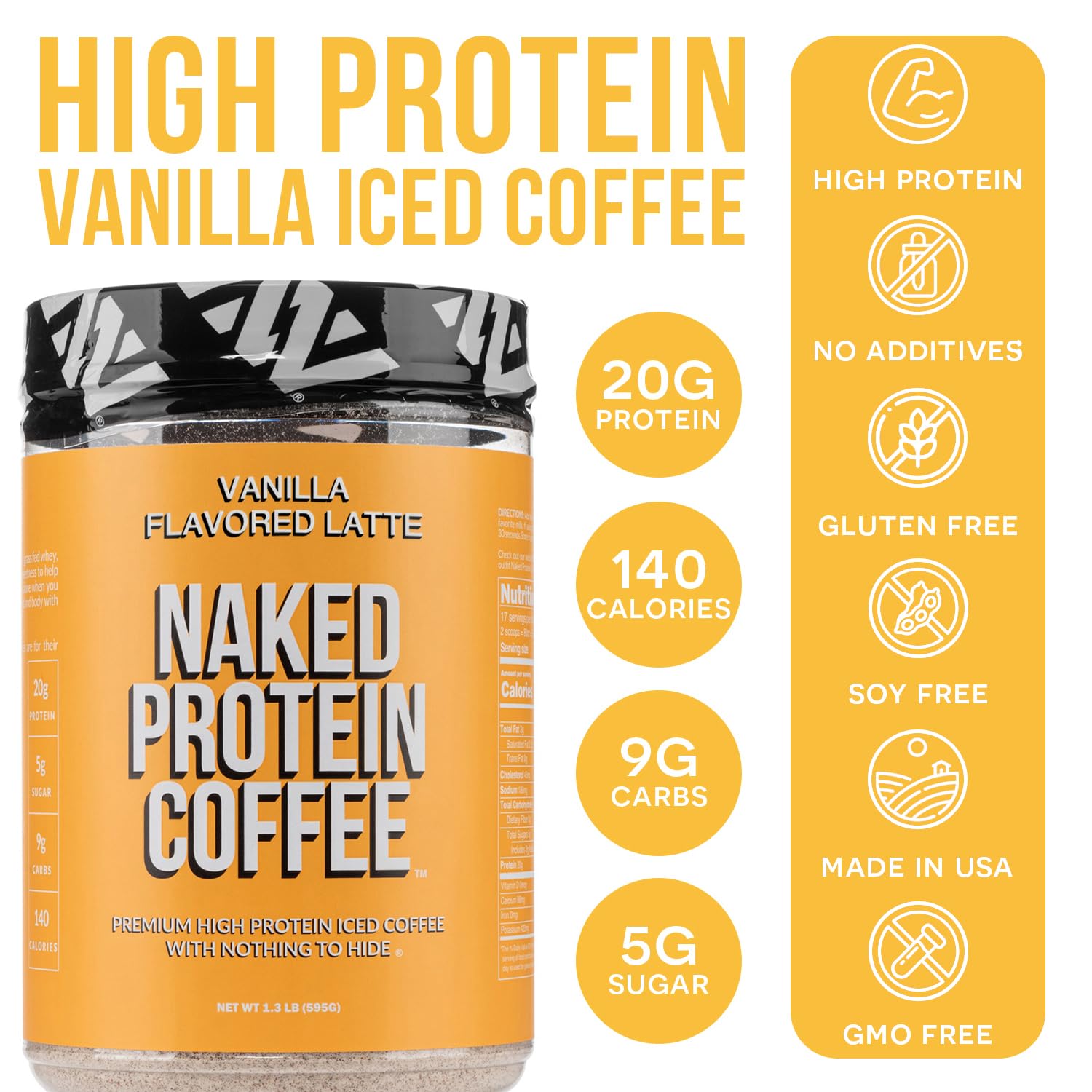 NAKED Vanilla Latte Protein Coffee - Premium Instant Coffee - Protein Shake, Iced Coffee, Protein Drinks, Delicious Keto Friendly and Gluten Free, 17 Servings