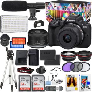 canon eos r50 mirrorless camera with video creator kit + canon rf-s 18-45mm f/4.5-6.3 is stm lens + 2pc 64gb memory cards + softwear editor + tripod & more (renewed)