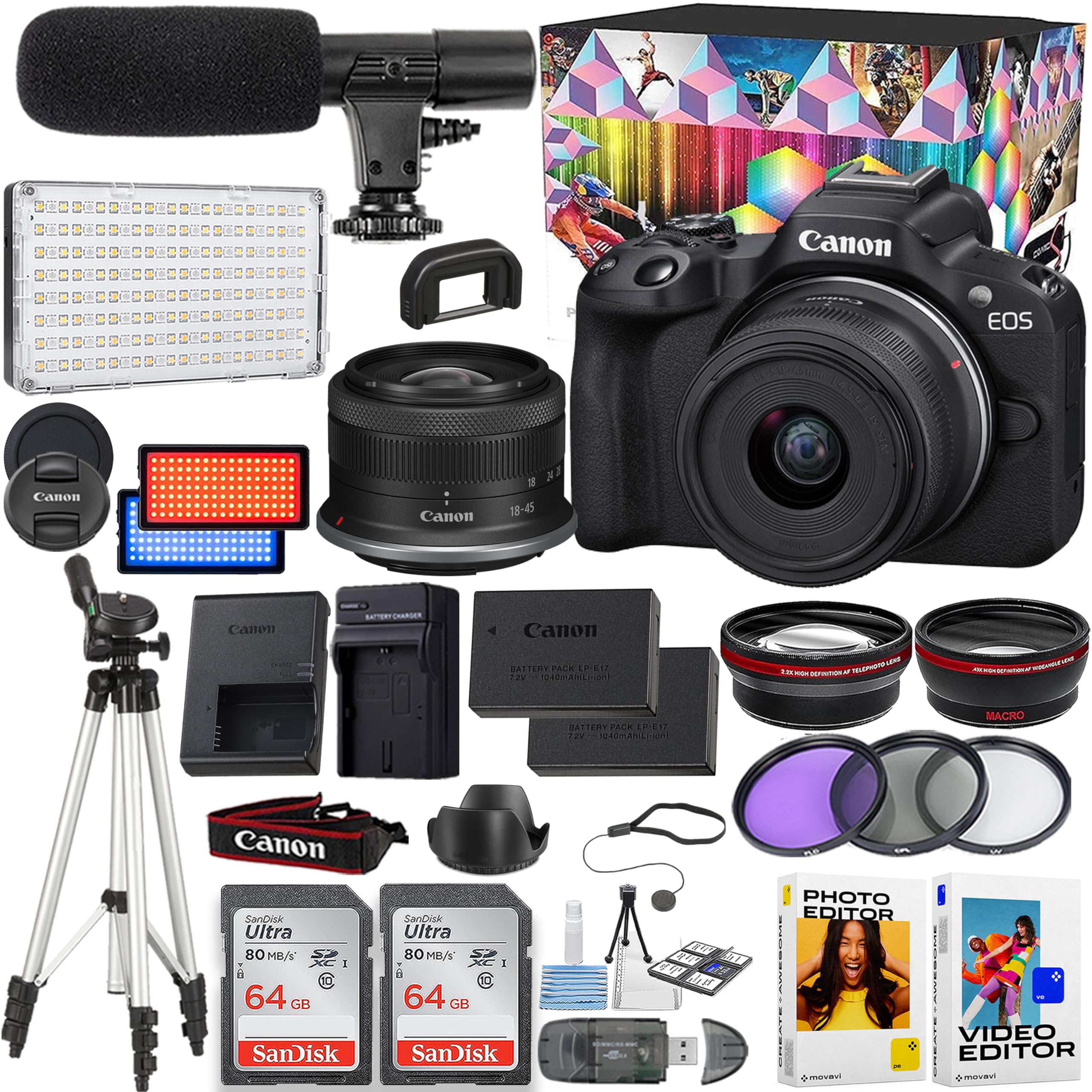 Canon EOS R50 Mirrorless Camera with Video Creator Kit + Canon RF-S 18-45mm f/4.5-6.3 is STM Lens + 2pc 64GB Memory Cards + Softwear Editor + Tripod & More (Renewed)