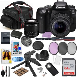 canon eos 90d dslr camera with 18-55mm stm lens bundle + commander optics accessories package including filters, case, remote + sandisk 64gb memory, movavi software package & more (renewed)