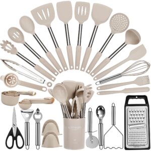 fyvva large cooking utensils set, 35 pcs spatula set with holder, silicone kitchen utensils set with stainless steel handle, cheese grater, ice cream scoop, pizza cutter kitchen gadgets (khaki)