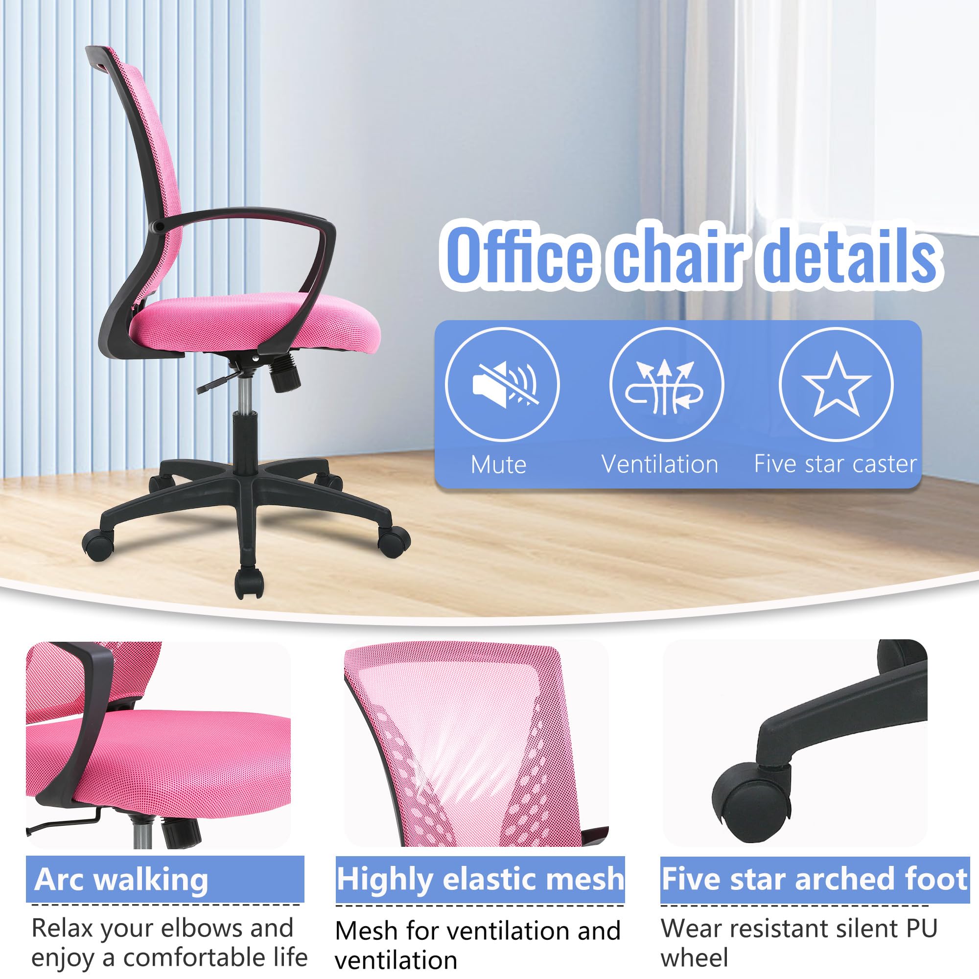 PayLessHere Office Chair Desk Chair Computer Chair Ergonomic Chair Adjustable Executive Mesh Mid Back with 360 Degree Swivel Wheels Lumbar Support Armrest (Pink)