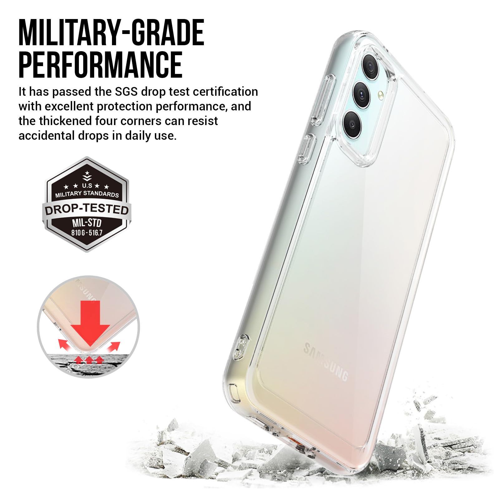 for Samsung S23 FE Case, Samsung Galaxy S23 FE 5G Case, with[Tempered Glass Screen Protector][Built-in 4 Airbags][Not-Yellowing] Military-Grade Shockproof Case for Galaxy S23 FE, Clear-Black