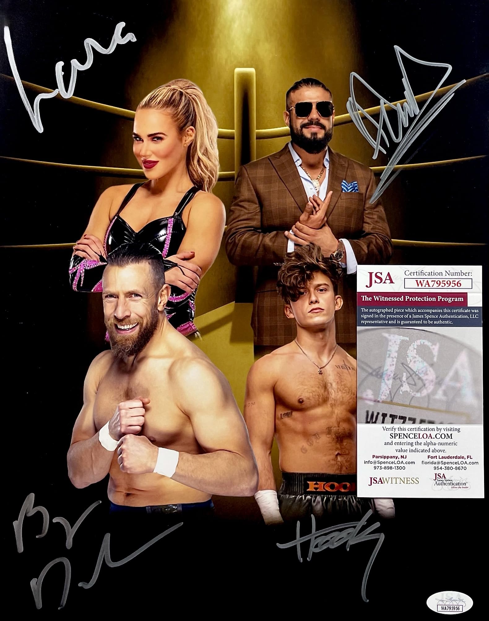 Brian Danielson, Lana, Andrade, Hook Signed Autographed 11" x 14" PHOTO AEW WRESTLING JSA WITNESSED CERTIFIED AUTHENTIC WA795956