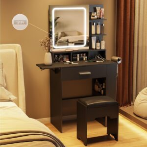 fameill vanity desk with mirror and light, small vanity with drawer & shelves, black vanity with charging station & time display, vanity table with storage stool, makeup vanity for bedroom