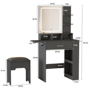 Fameill Vanity Desk with Mirror and Light, Small Vanity with Drawer & Shelves, Black Vanity with Charging Station & Time Display, Vanity Table with Storage Stool, Makeup Vanity for Bedroom