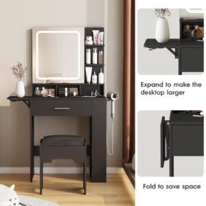 Fameill Vanity Desk with Mirror and Light, Small Vanity with Drawer & Shelves, Black Vanity with Charging Station & Time Display, Vanity Table with Storage Stool, Makeup Vanity for Bedroom