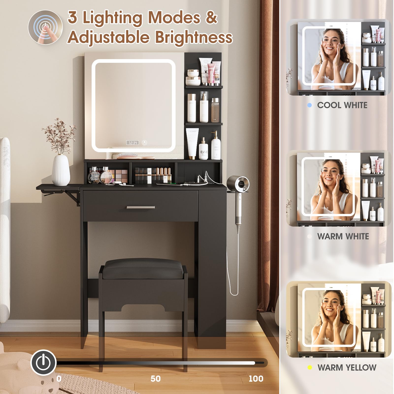 Fameill Vanity Desk with Mirror and Light, Small Vanity with Drawer & Shelves, Black Vanity with Charging Station & Time Display, Vanity Table with Storage Stool, Makeup Vanity for Bedroom