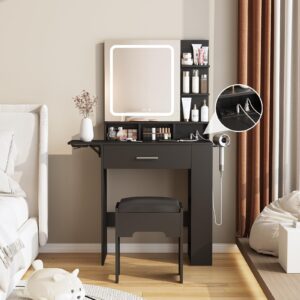 Fameill Vanity Desk with Mirror and Light, Small Vanity with Drawer & Shelves, Black Vanity with Charging Station & Time Display, Vanity Table with Storage Stool, Makeup Vanity for Bedroom