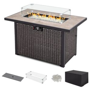 nuu garden 43'' propane fire pit table, csa certified 50,000 btu outdoor patio propane fire pit table with fire pit wind guard,removable lid, ceramic tabletop, water-proof oxford cover, dark brown