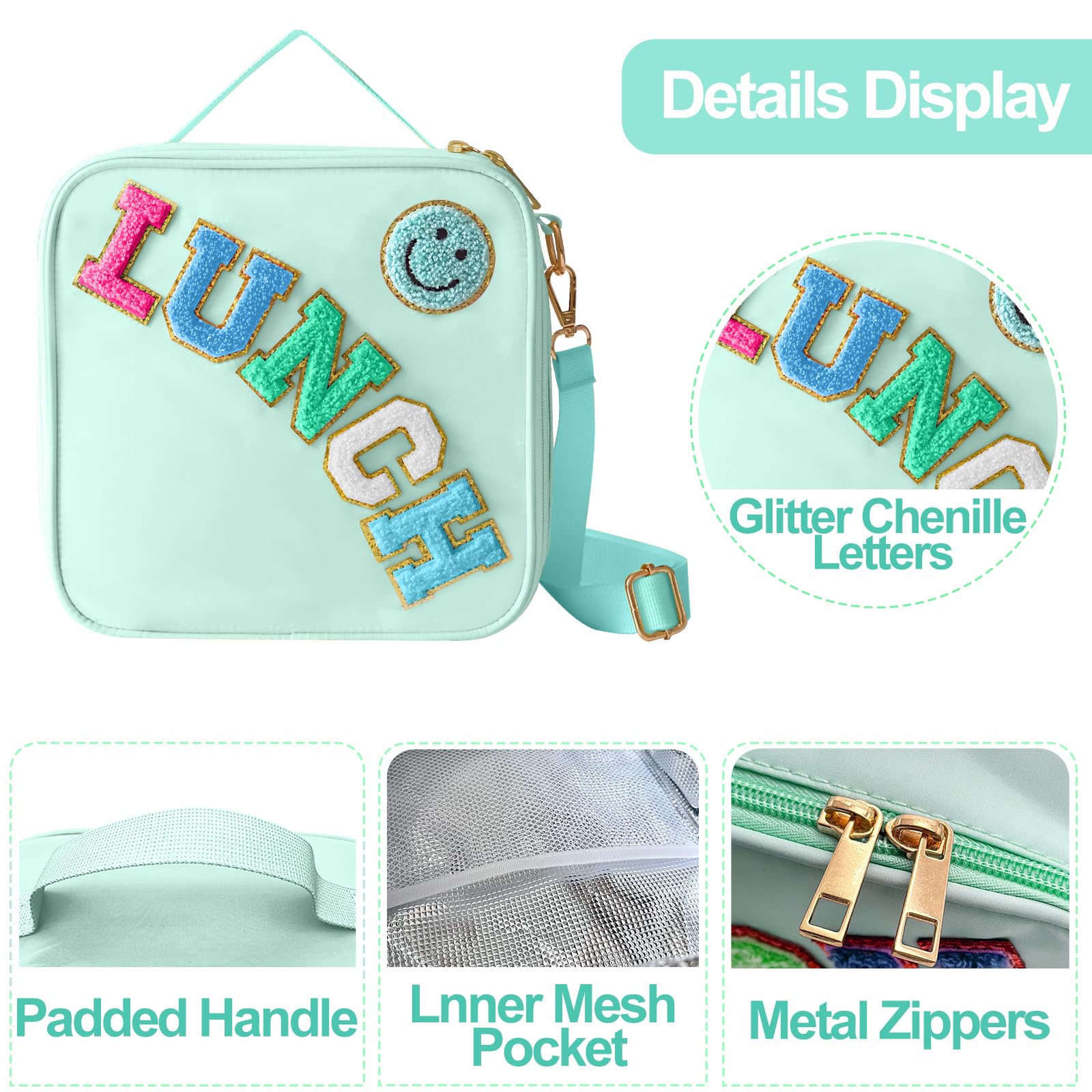 Insulated Lunch Bag With Adjustable Shoulder Strap, Nylon Preppy Lunch Box Large Insulated Lunch Bag Reusable Lunch Tote Bag with Smiley Preppy LunchBag for Girls School Travel Picnic (Green)