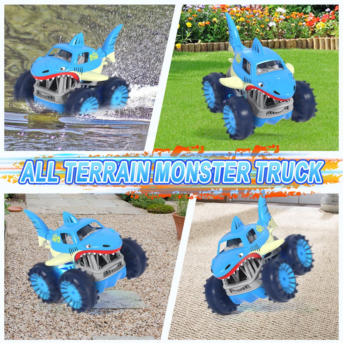 zingzoom Amphibious Remote Control Car, Fast Direct Charging RC Cars 360° Flip Waterproof Monster Trucks 2.4Ghz 15KM/H 4WD All Terrain RC Race Car Toy Xmas Gift for Boys and Girls Aged 3-12