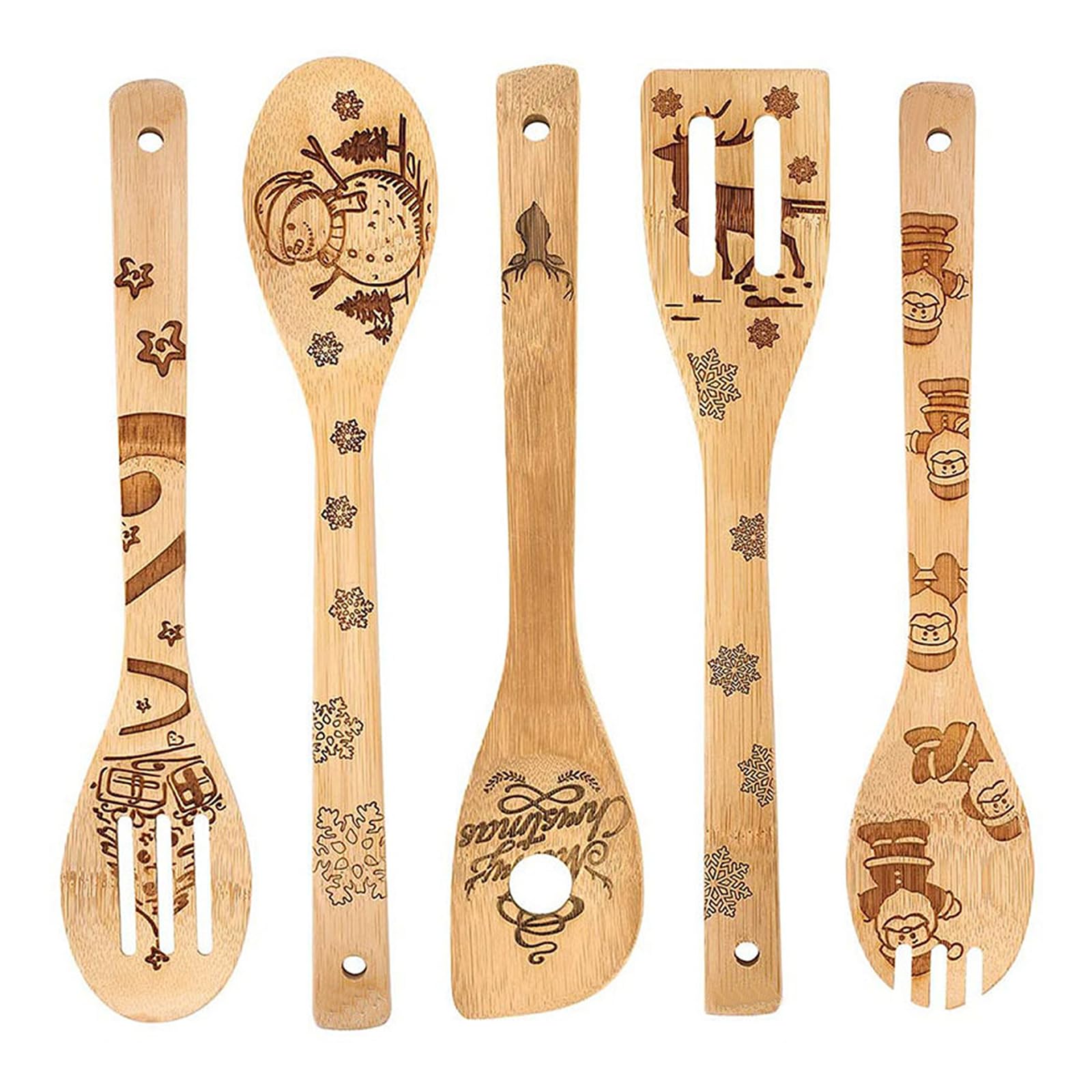 Bamboo Cooking Utensils Christmas Set of 5, Halloween Bamboo Spoons & Forks, Christmas Burned Bamboo Spoons and Forks, Christmas Bamboo Utensil Set Burned (Pattern B)