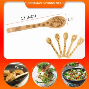 Bamboo Cooking Utensils Christmas Set of 5, Halloween Bamboo Spoons & Forks, Christmas Burned Bamboo Spoons and Forks, Christmas Bamboo Utensil Set Burned (Pattern B)