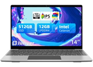 jumper laptop, 12gb lpddr4 ram 512gb ssd, 14 inch laptops computer with intel celeron quad-core processor, 1080p fhd ips screen, uhd graphics 600, 2.4g/5g wifi, stereo speakers, type-c.