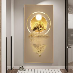 large abstract luxury entrance painting wall art picture modern golden tree deer posters for living room home decoration 95x190cm/37x75inch with golden framed ready to hang