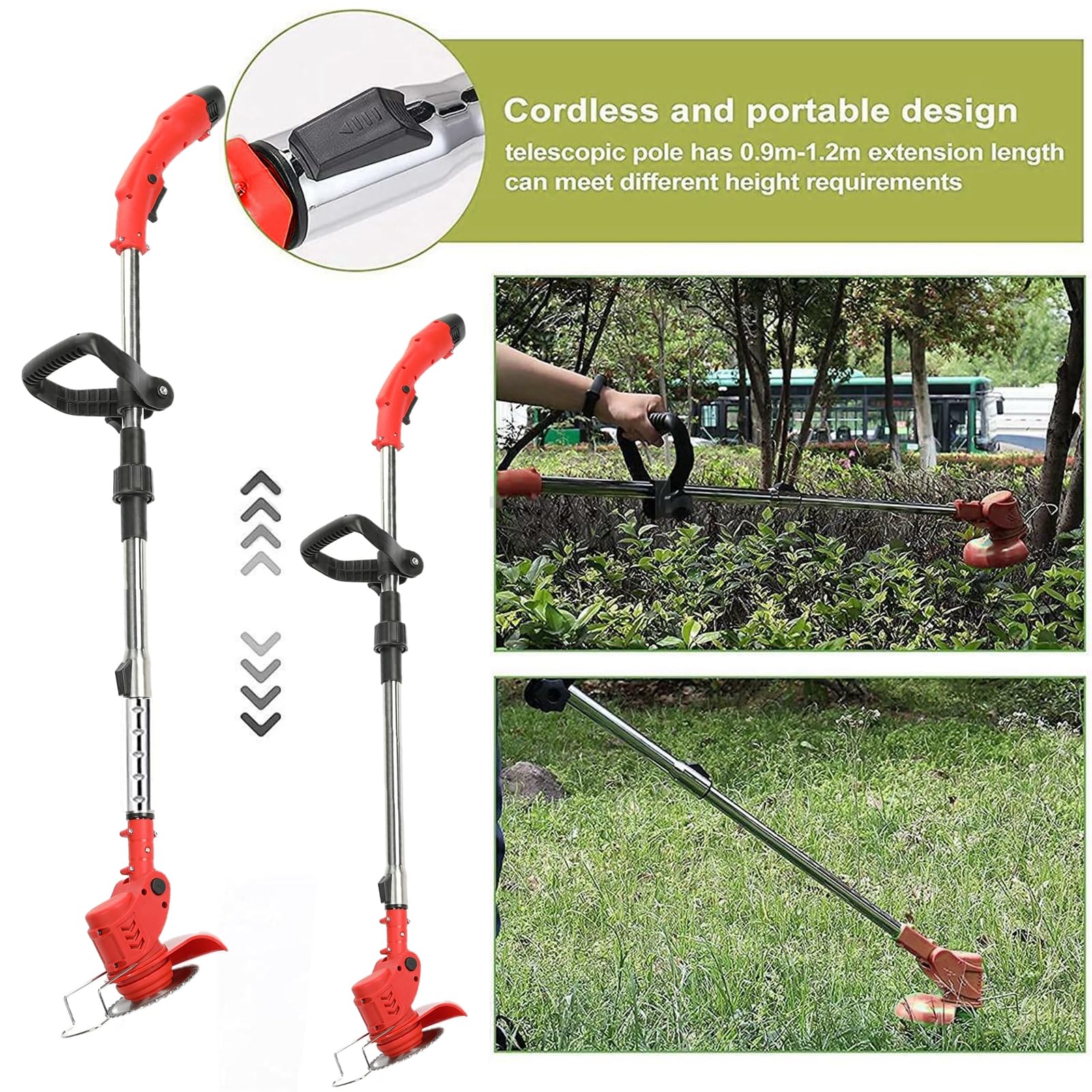 Grass Trimmer,Weed Wacker Dual Rechargeable Battery Operated, Adjustable Telescopic Rod Cordless Grass Trimmer, Anti Slip Handle Electric Grass Trimmer for Cleaning Rank Grass