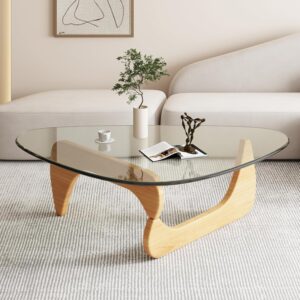 mid-century modern coffee table - triangle glass top natural wood base triangle coffee table for living room patio office abstract end tables (raw wood/transparent, small 32.2 * 22.4 * 16in)