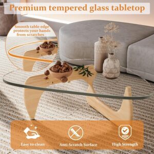 Mid-Century Modern Coffee Table - Triangle Glass Top Natural Wood Base Triangle Coffee Table for Living Room Patio Office Abstract End Tables (Raw wood/Transparent, Small 32.2 * 22.4 * 16in)