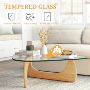 Mid-Century Modern Coffee Table - Triangle Glass Top Natural Wood Base Triangle Coffee Table for Living Room Patio Office Abstract End Tables (Raw wood/Transparent, Small 32.2 * 22.4 * 16in)