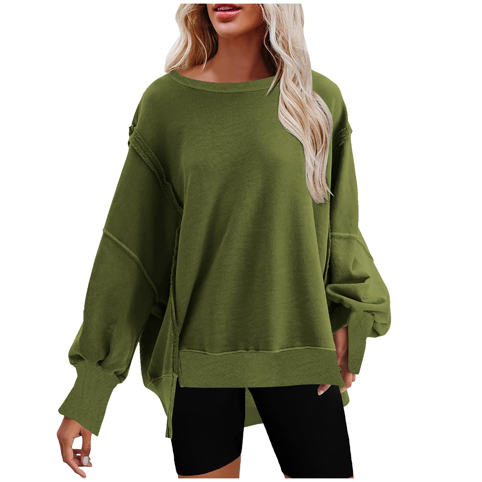 SMIDOW prime deals day Womens Oversized Crewneck Sweatshirts Hoodies Fall 2023 Fashion Warm Y2k Clothes Casual Slit Sloucthy Pullover Tops Oversized Crewneck Sweatshirt Army Green