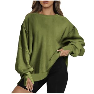 SMIDOW prime deals day Womens Oversized Crewneck Sweatshirts Hoodies Fall 2023 Fashion Warm Y2k Clothes Casual Slit Sloucthy Pullover Tops Oversized Crewneck Sweatshirt Army Green