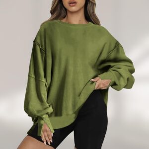 SMIDOW prime deals day Womens Oversized Crewneck Sweatshirts Hoodies Fall 2023 Fashion Warm Y2k Clothes Casual Slit Sloucthy Pullover Tops Oversized Crewneck Sweatshirt Army Green