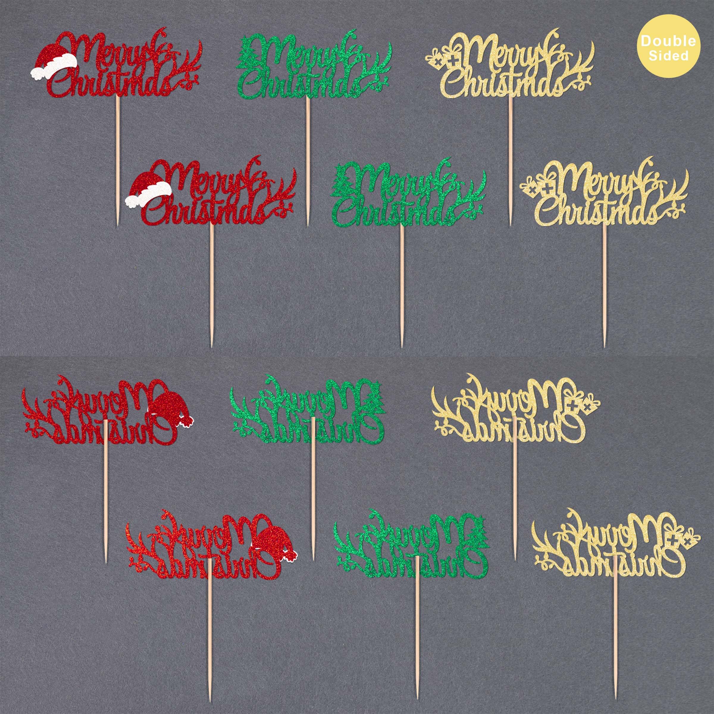 Gexolenu 36 Pcs Merry Christmas Cupcake Toppers, Double-Sided Glitter Mix Christmas Tree Hat Gift Cupcake Picks For Celebrating Christmas Theme New Year Xmas Holiday Party Cake Decoration Supply