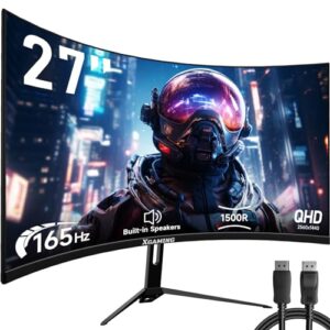 27 inch curved monitor, qhd 2560 x 1440p 165hz 2k gaming computer monitor, 1ms, 98% srgb hdr 16:9 wide display, 1500r curved, freesync, eye care, built-in speakers, hdmi displayport,vesa, adjustable