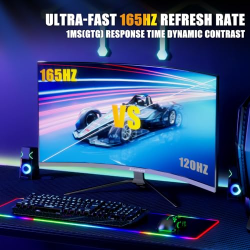 27 Inch Curved Monitor, QHD 2560 x 1440p 165Hz 2K Gaming Computer Monitor, 1ms, 98% sRGB HDR 16:9 Wide Display, 1500R Curved, FreeSync, Eye Care, Built-in Speakers, HDMI DisplayPort,VESA, Adjustable